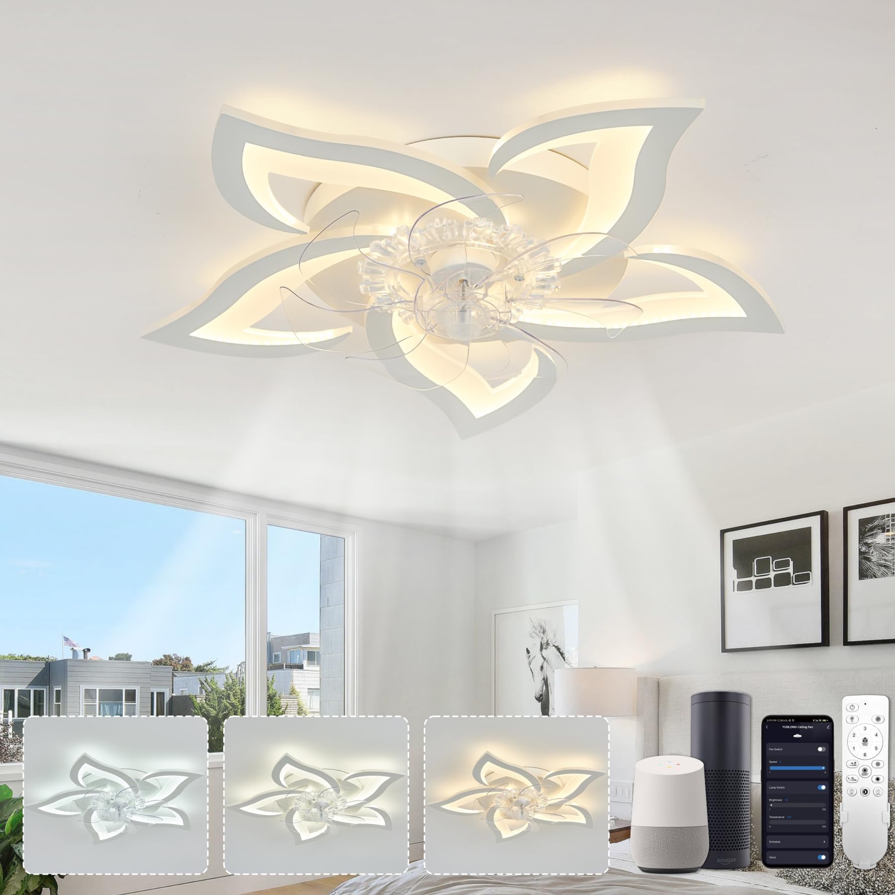 YUNLONG Smart Ceiling Fans with Lights Compatible with Alexa and Google ...