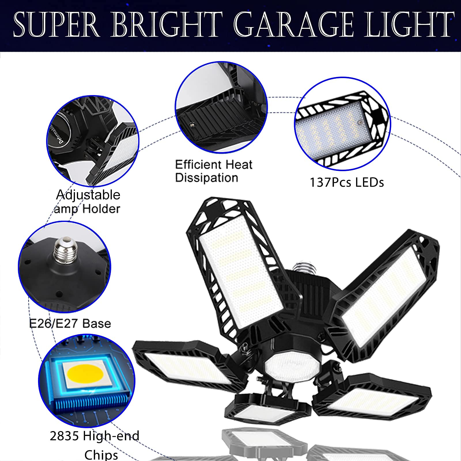 Garage Light Bulb Deformable LED Garage Lights 100W 10000LM 6500K Super ...