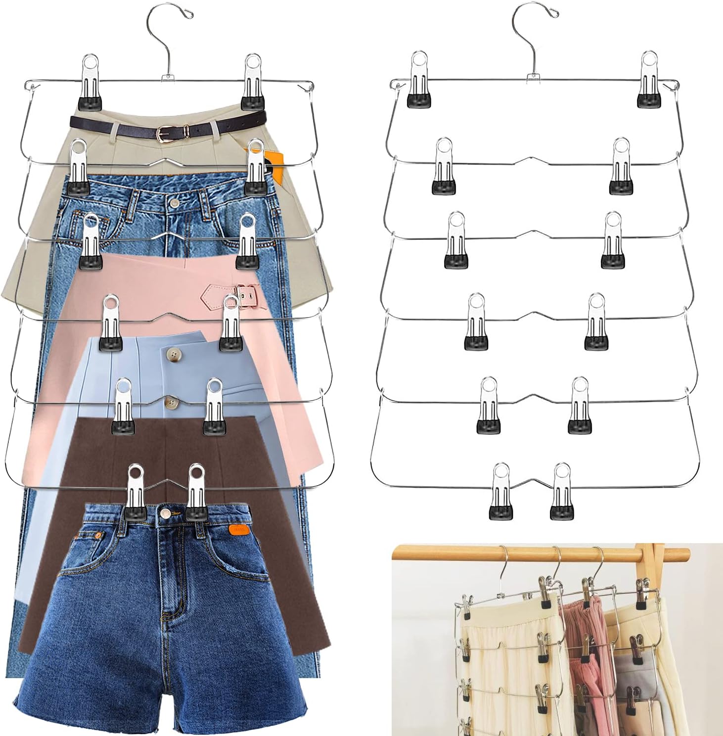 Trouser Hangers Space Saving, 6 Tier Skirt Hangers With Clips Multi ...
