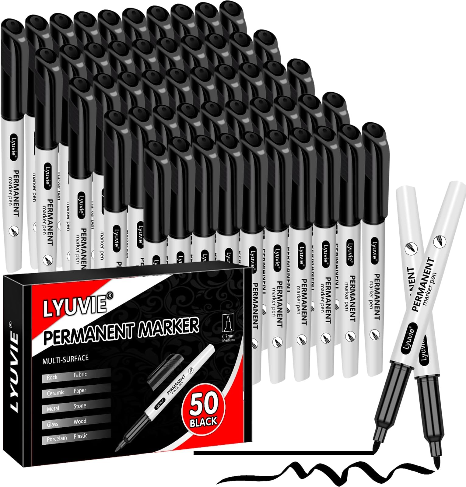 Lyuvie 50 Black Permanent Markers,Fine Tip Permanent Marker Pens Ideal ...