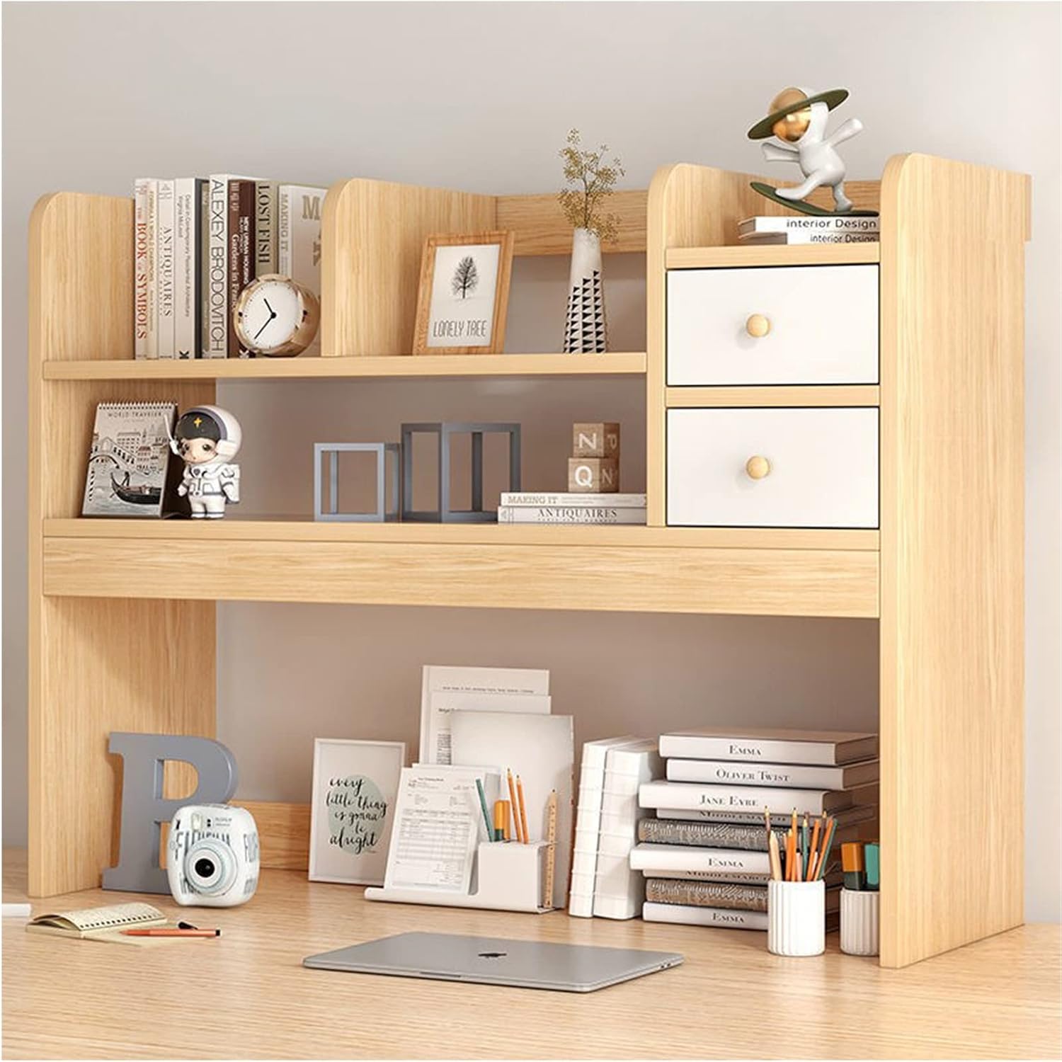 Small Office Desk Shelf Stand - Wooden Computer Desk Desktop Bookshelf ...