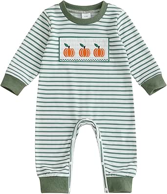 Amazon.com: Ursobutegl Newborn Baby Boy Girl Halloween Outfit Pumpkin Embroidery Stripe Romper ...