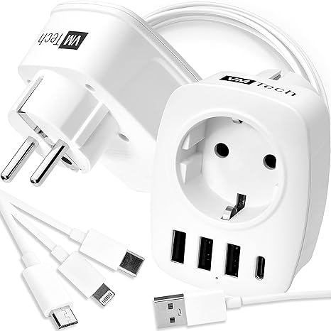 Steckdose Adapter + 3 x USB-Anschlüsse inkl. universal Ladekabel für ...
