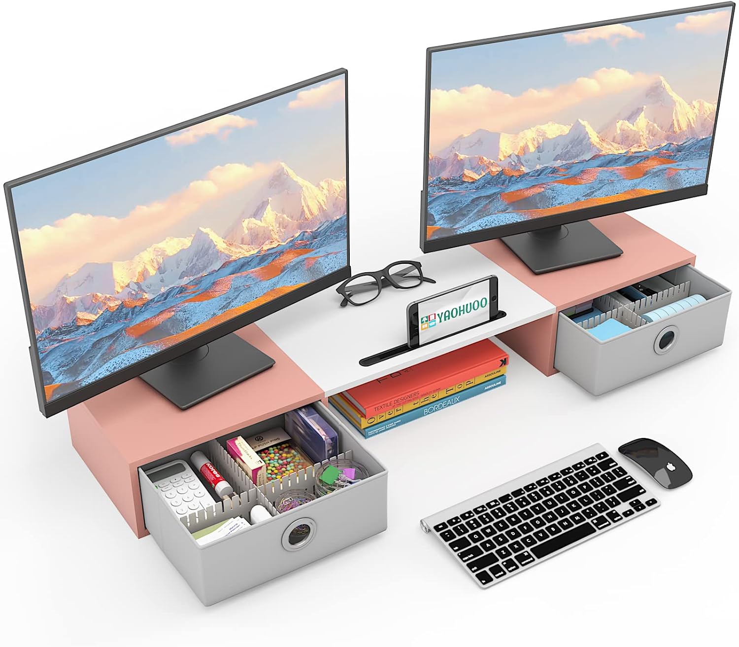 Amazon.com: YAOHUOO Dual Monitor Stand with 2 Drawers, Computer Monitor ...