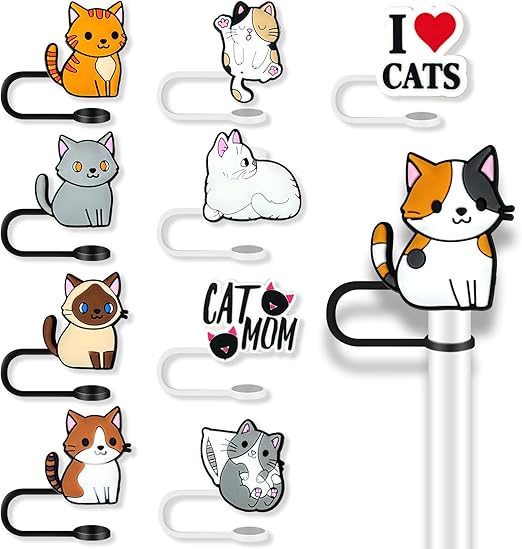 Amazon.com: 10Pcs Cat Straw Cover Cup for Tumbler Cup,10mm Cute Cat ...