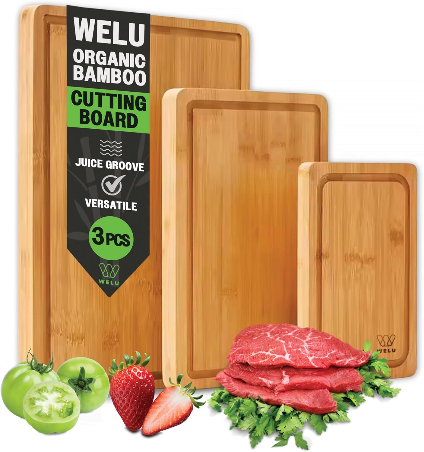 WELU Organic Bamboo Chopping Board - 3 Piece BPA Free Bamboo Cutting ...