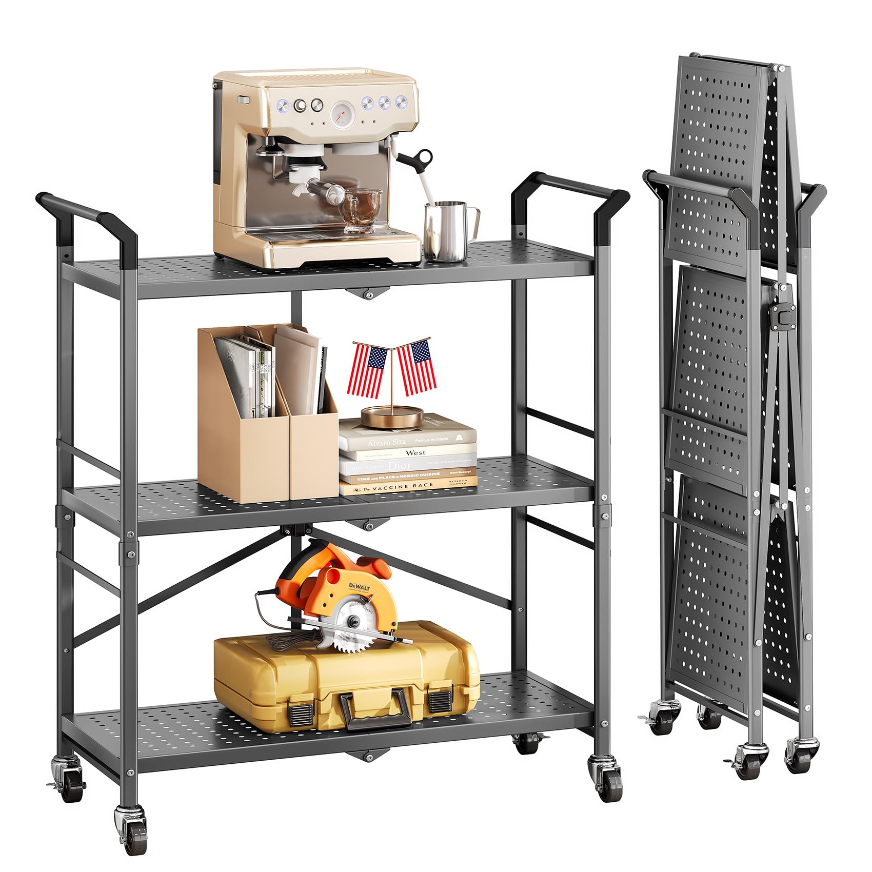 Amazon.com: HKWOTINHA Folding Rolling Cart with Wheels - 3 Tier ...