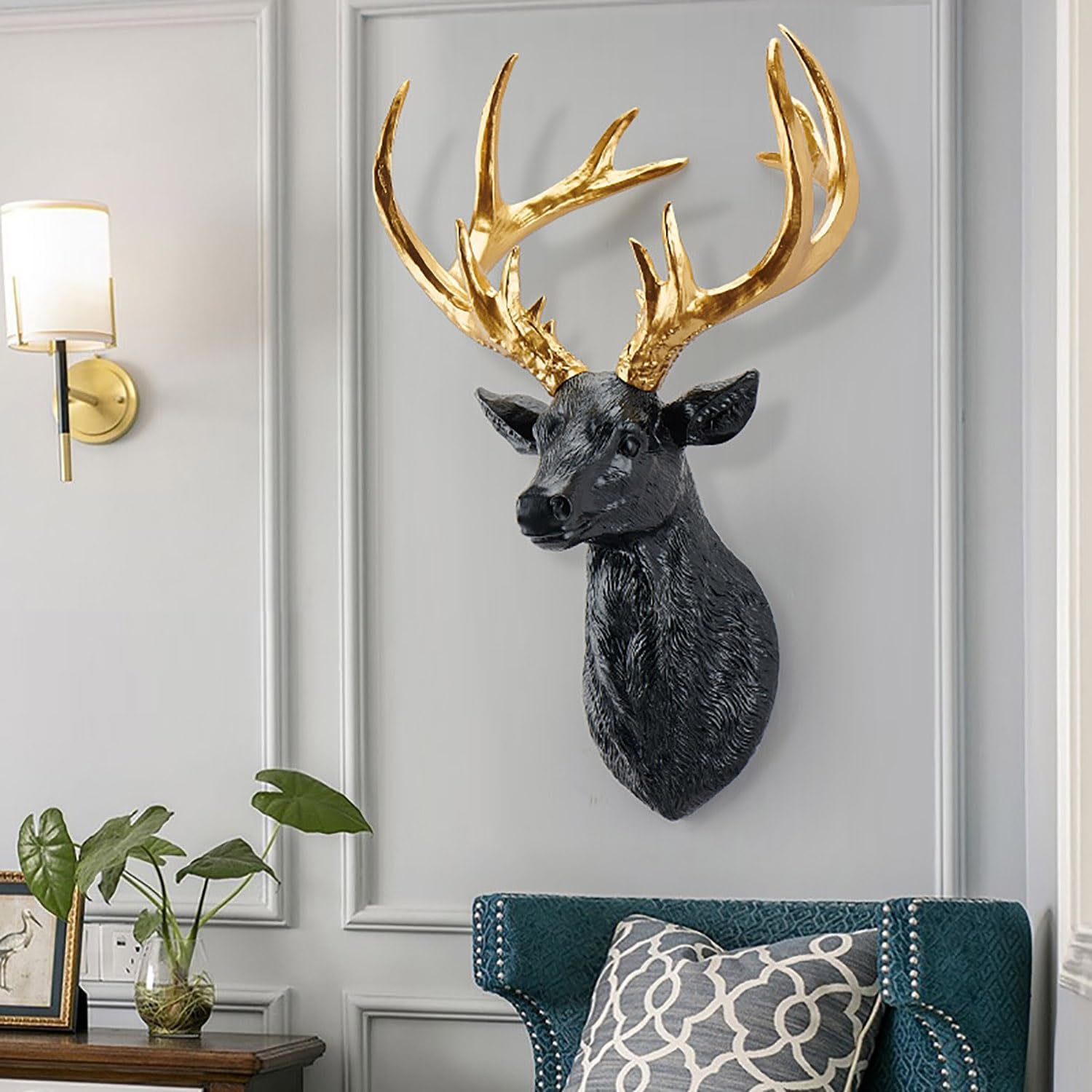 OMKUOSYA 3D Deer Head Wall Sculpture, Deer Head Statue, Vintage Resin ...