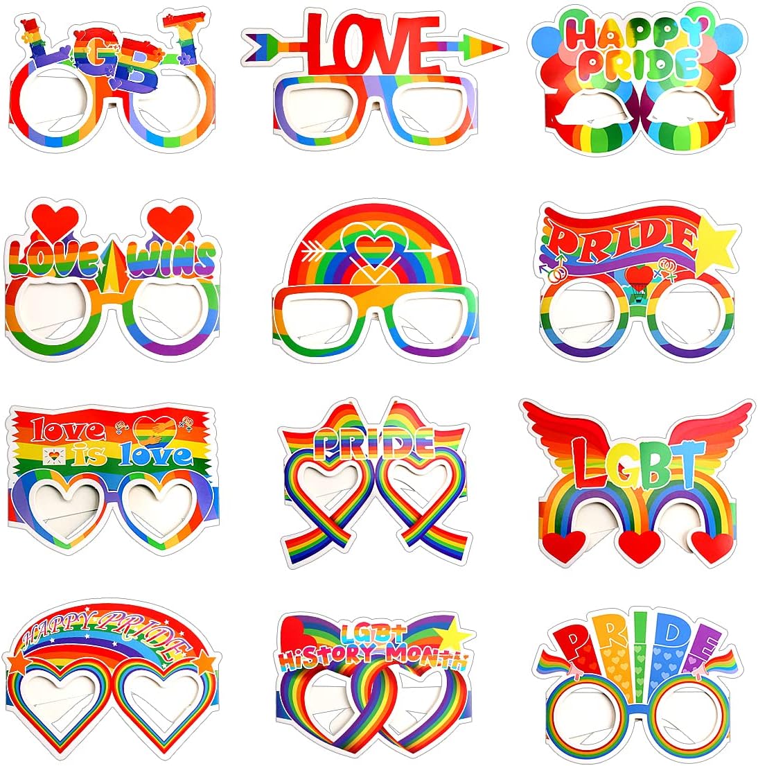 12Pcs Rainbow Paper Glasses, Jagowa Gay Pride Glasses Photo Booth Props ...