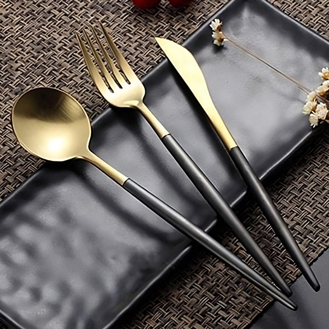 BonZeaL Mirror Finish 410 Stainless Steel 3 Pcs Black Gold Cutlery Set ...