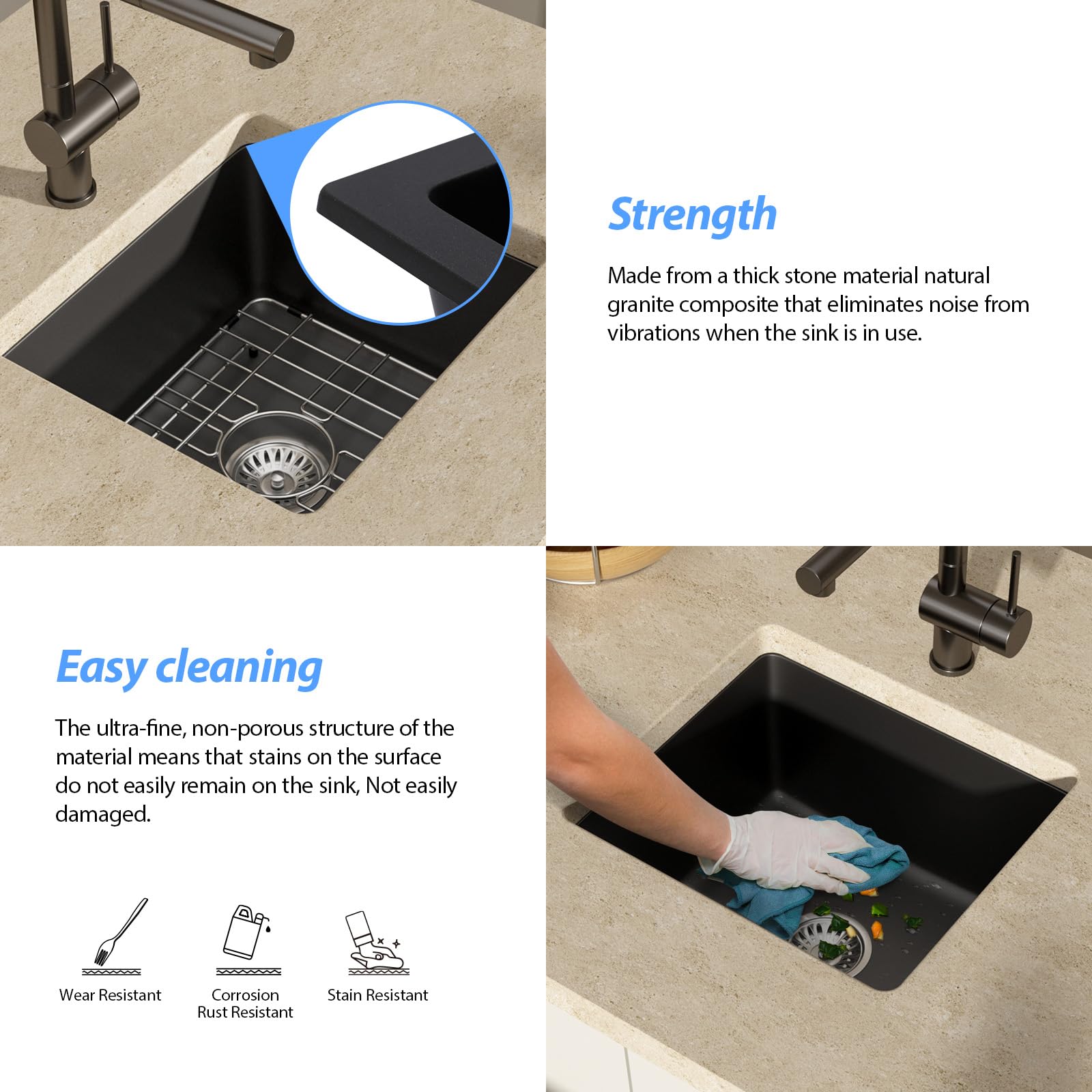 Snapklik.com : Lordear Black Granite Composite Bar Sink 18x16 Inch