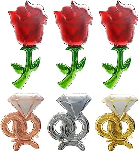 Amazon.com: 6 Pcs Red Rose, Diamond Ring Balloons Set Red Rose Balloons ...