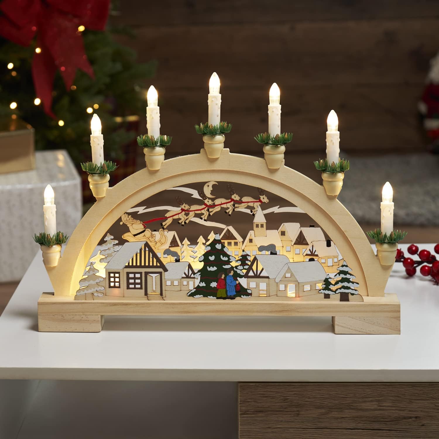 GloBrite Wooden Candle Bridge Decoration with 7 Warm White LED Candles ...