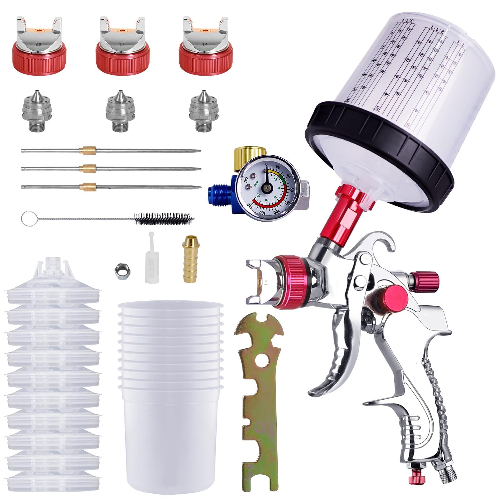 HVLP Spray Gun Kit - Paint Gun Kit - with 10 Mixing Cups, 1.4/1.7/2mm ...