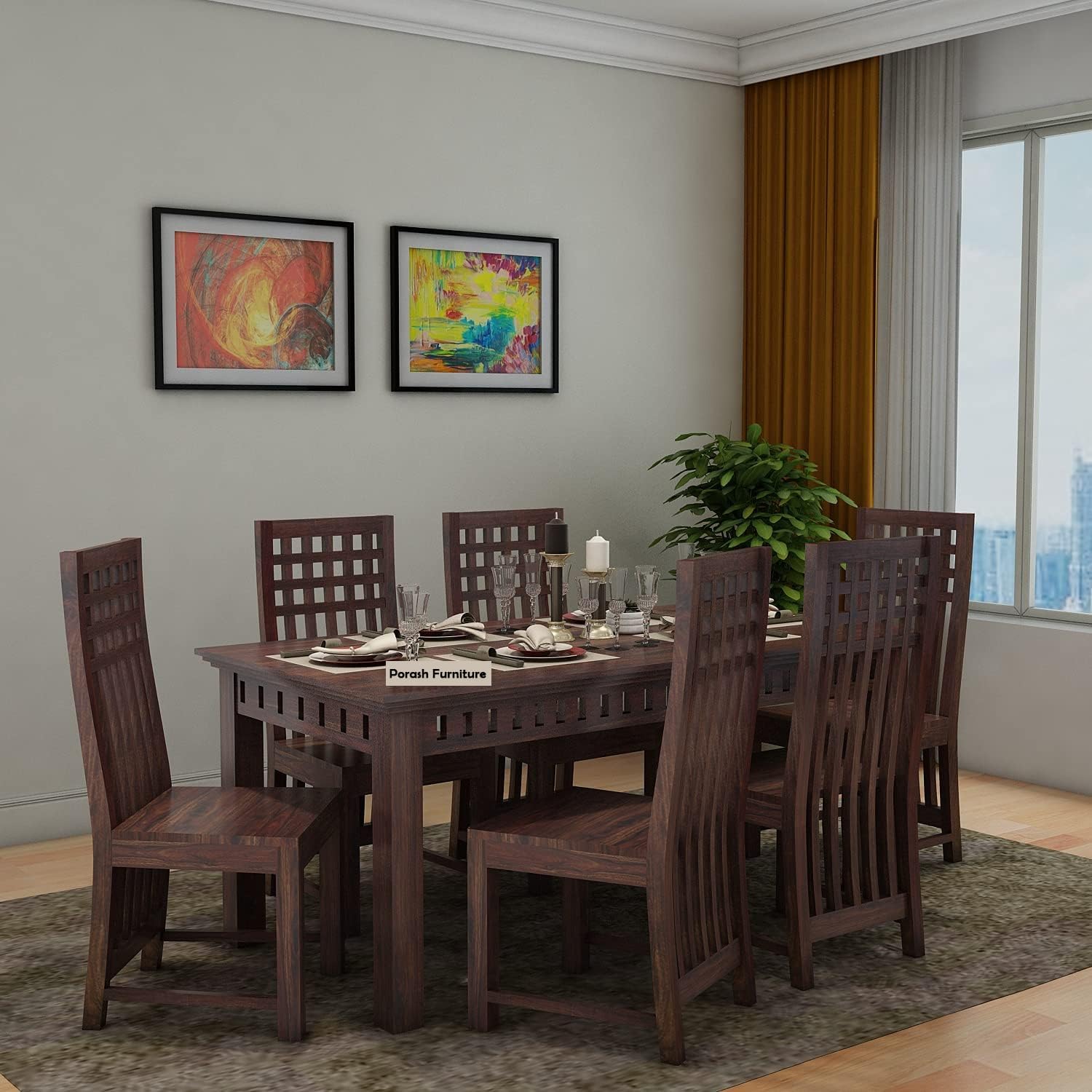 Porash Furniture Solid Sheesham Wood 6 Seater Dining Table with 6 ...
