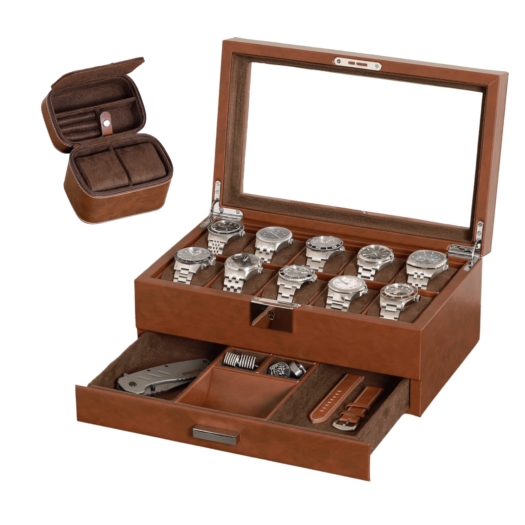 Amazon.com: Gift Set 10 Slot Leather Watch Box with Valet Drawer ...