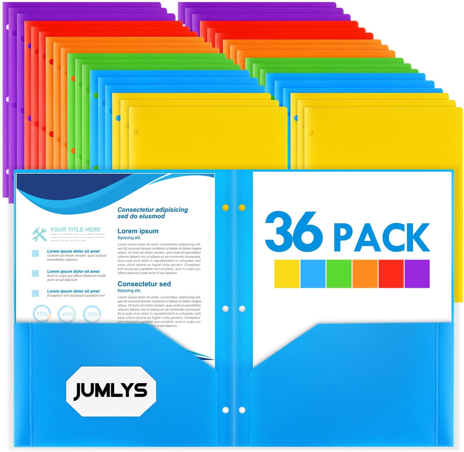 Amazon.com : 36 Pack 2 Pocket Folders with 3 Holes Punch, Plastic ...