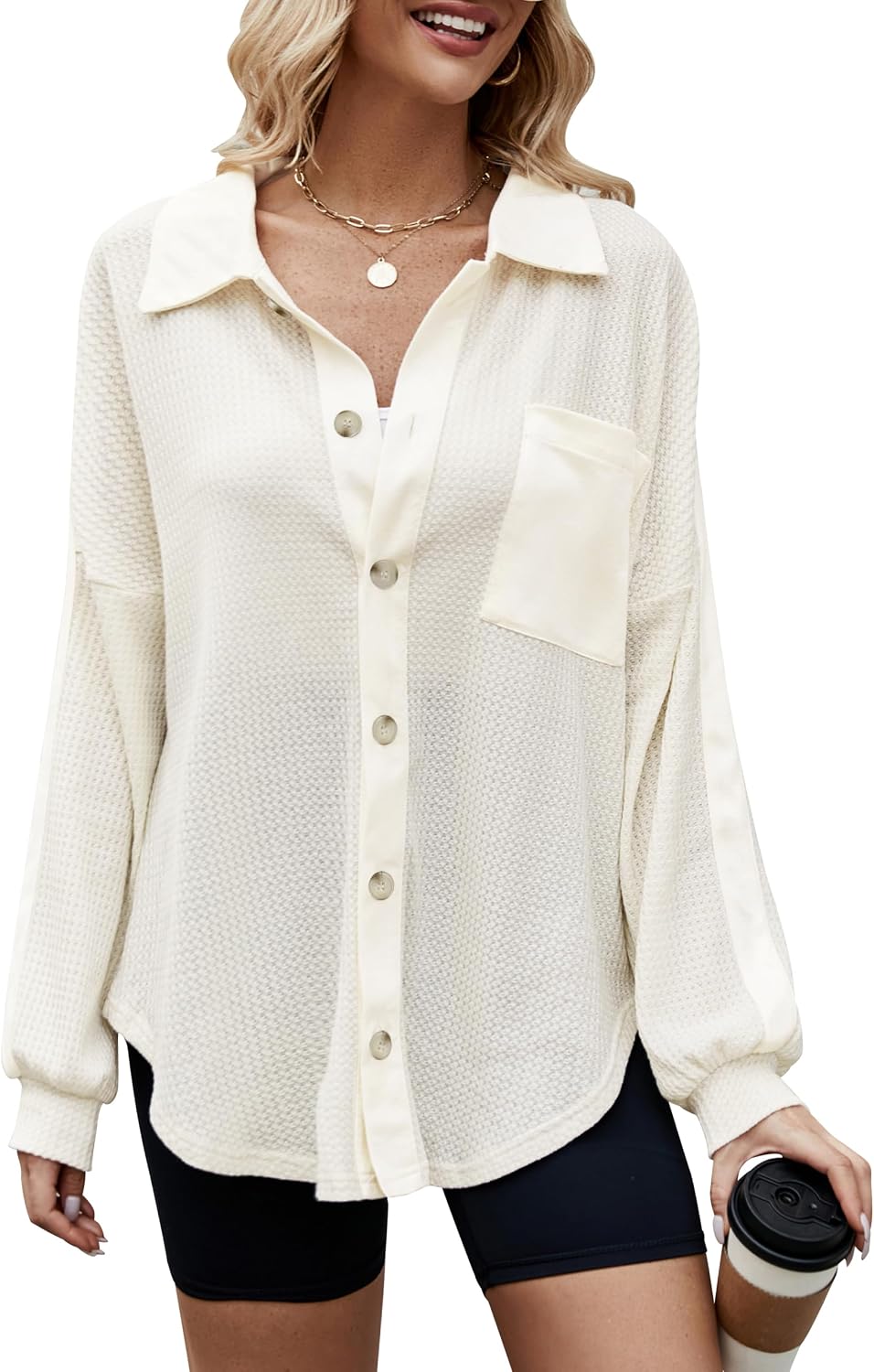 Blooming Jelly Womens Waffle Knit Shacket Jacket Long Sleeve Button ...