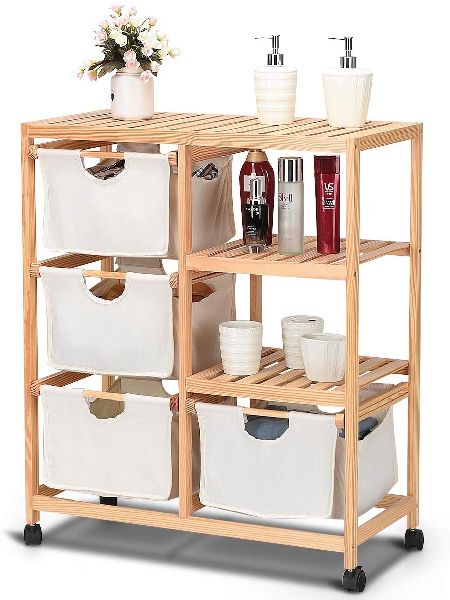 Amazon.com: Giantex Wood Hamper Storage Cart 2 Section Rolling Storage ...