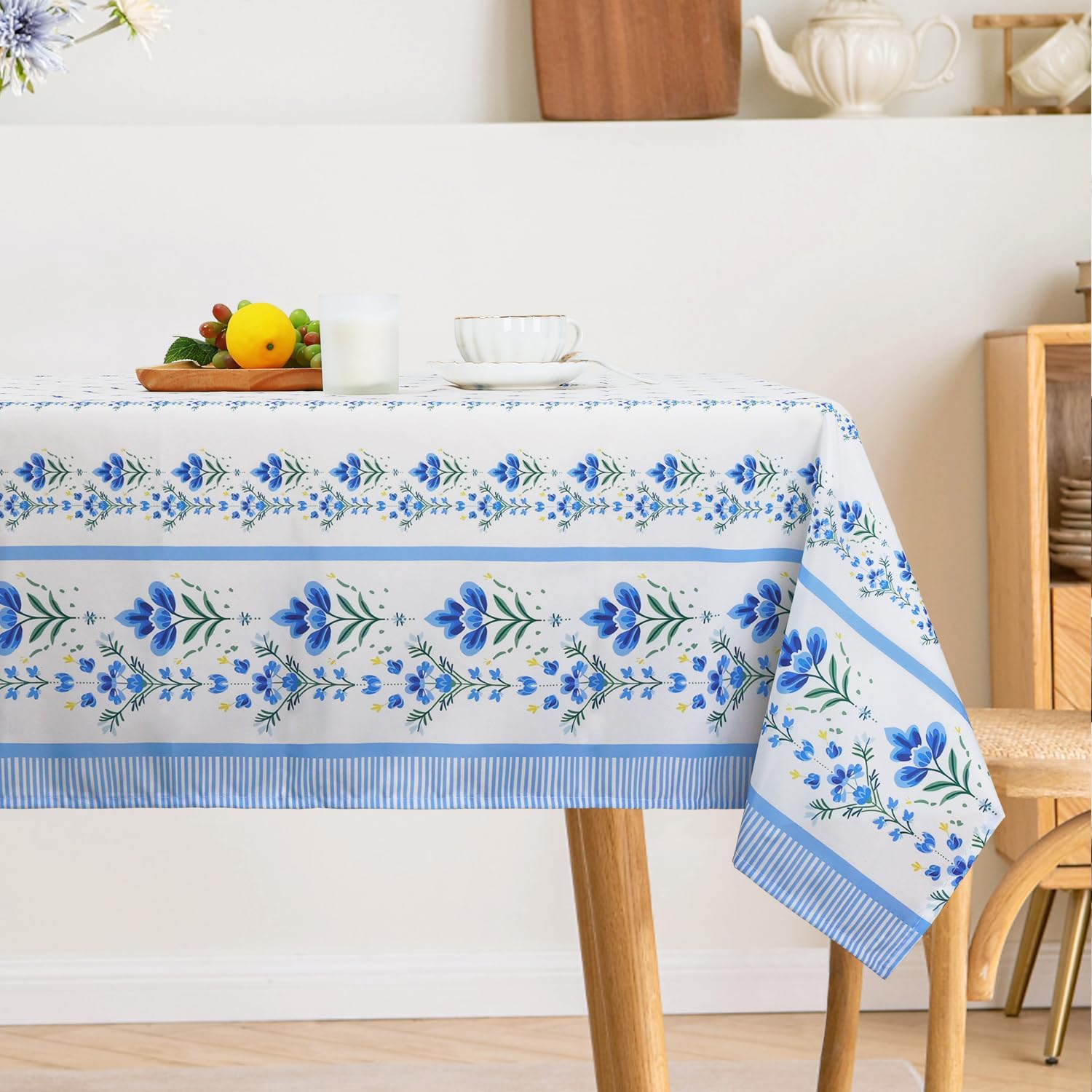 Amazon.com: Arquiel Blue White Tablecloth Waterproof, Floral Bordered French Country Rectangle ...
