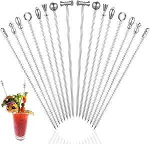 Tyqour Pack of 16 Stainless Steel Cocktail Skewers, 11 cm, Reusable ...