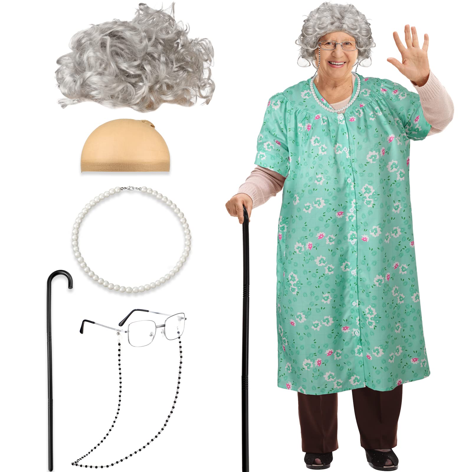 Amazon.com: Jiuguva 7 Pcs Old Lady Costume for Girls Women 100th Days ...