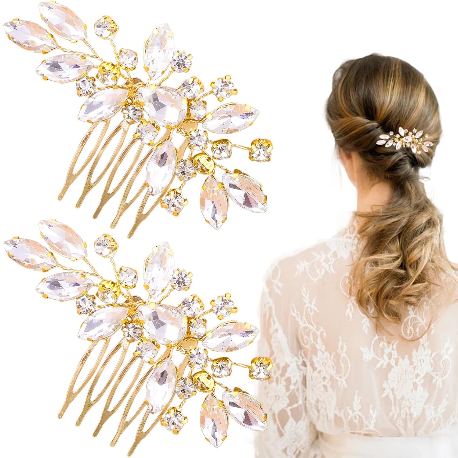 Amazon.com : 2 PCS Bridal Hair Side Combs Handmade Clear Rhinestones ...