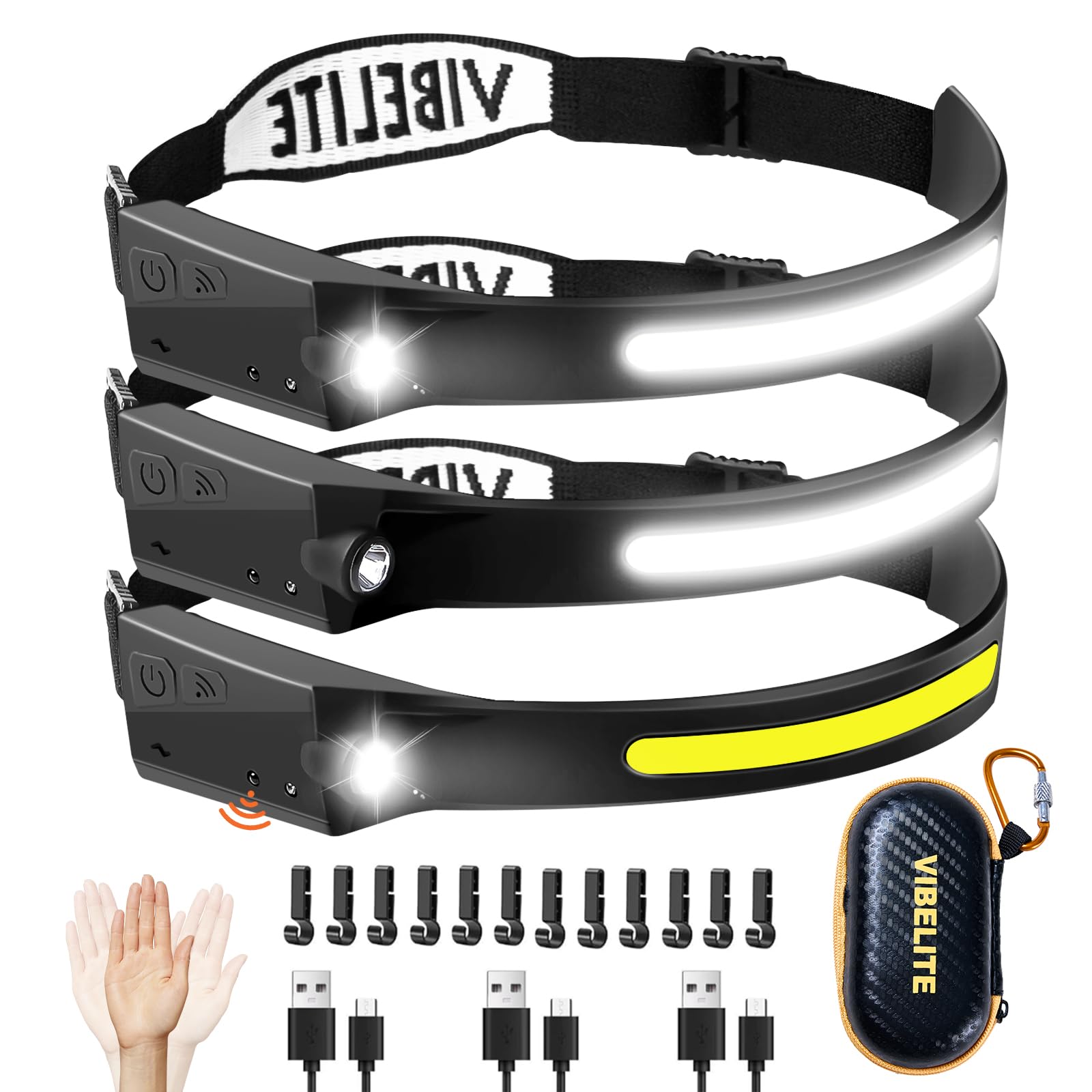 Amazon.com: VIBELITE 3PCS Rechargeable Headlamp Flashlight, 230°Wide ...