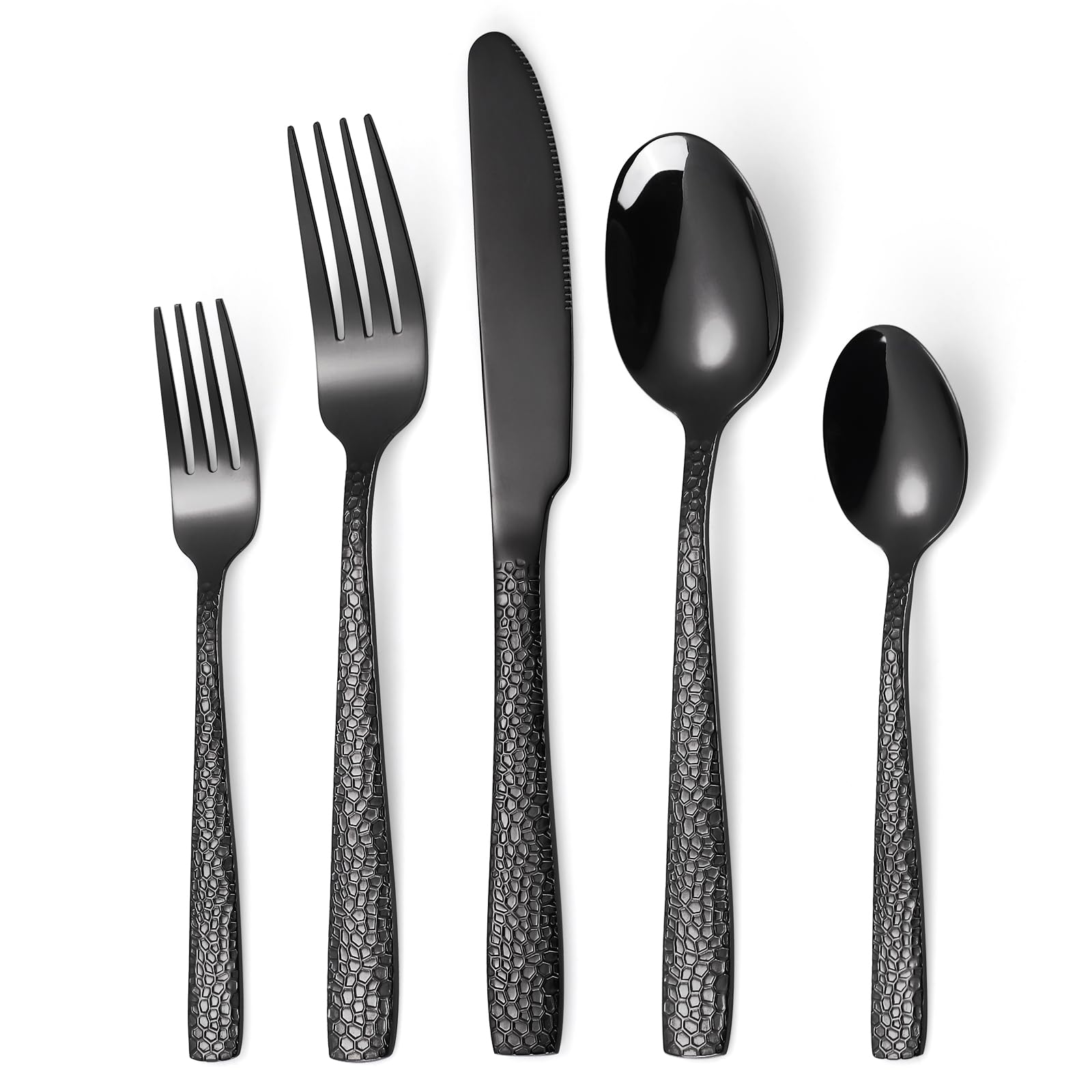 Amazon.com | 20 Piece Black Modern Flatware Set Hammered Silverware Set ...