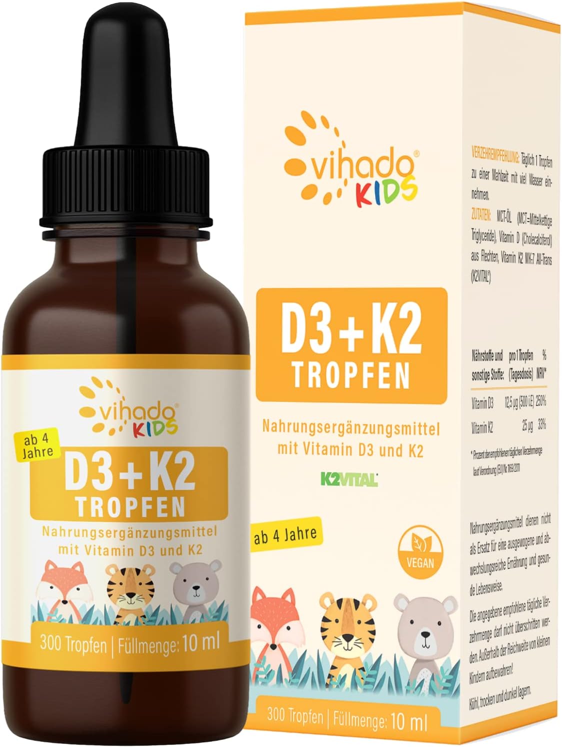 Vihado Vitamin D3 + K2 für Kinder von 4-12 Jahre, sicherer Markenrohstoff, vegan, 300 Tage, 12,5 ...