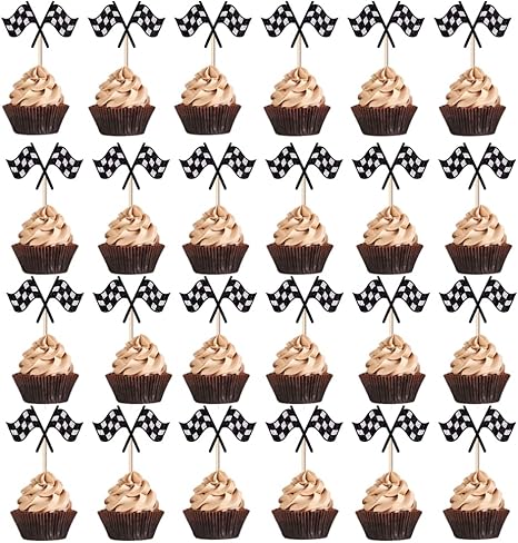 Amazon.com: Sleyberoy 24 Pack Mini Checkered Flag Cupcake Toppers ...