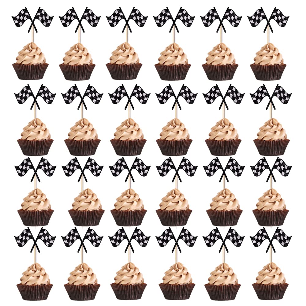 Amazon.com: Sleyberoy 24 Pack Mini Checkered Flag Cupcake Toppers ...