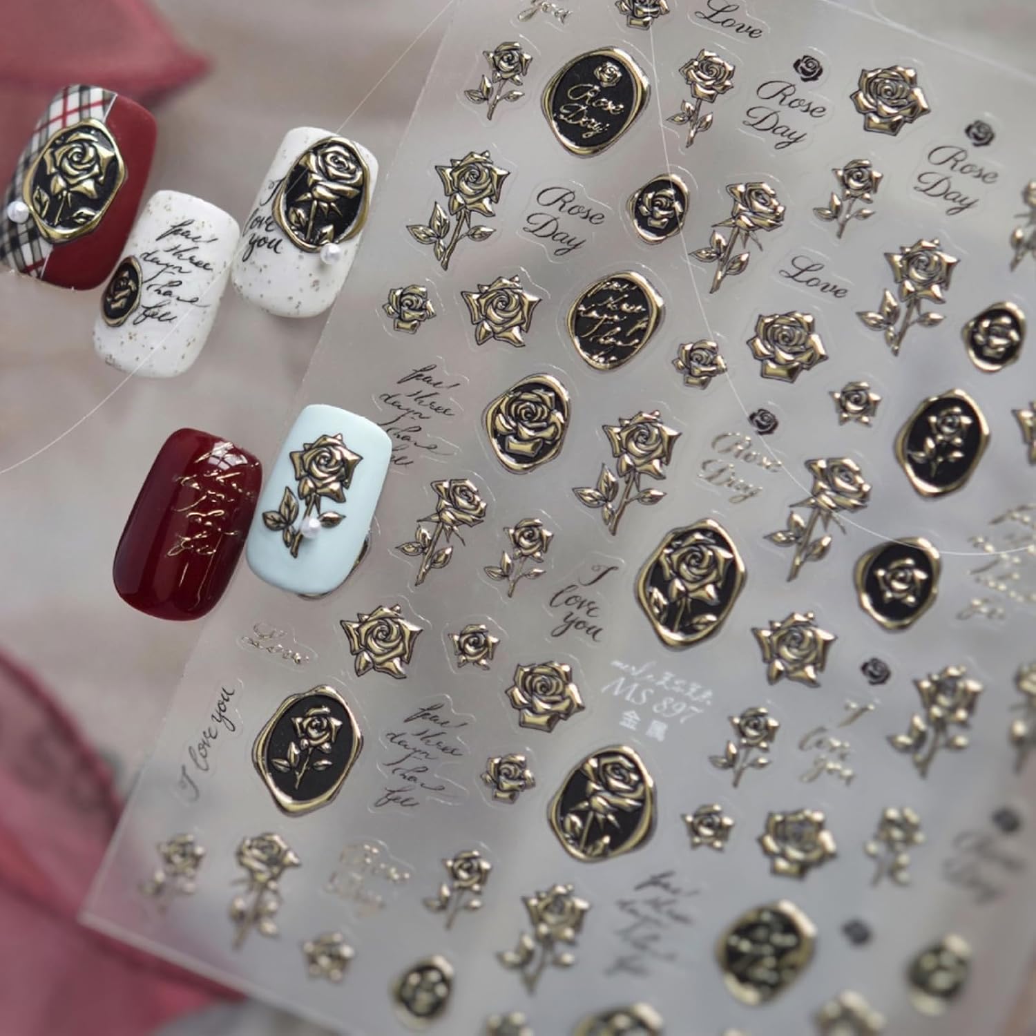 Amazon.com: Rose Nail Stickers Black Gold with Design Flower Nails Art ...