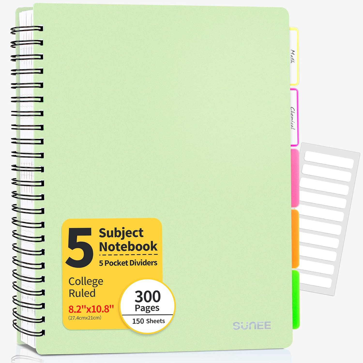 Amazon.com : SUNEE 5 Subject Notebook College Ruled - 300 Pages, 8.2 ...