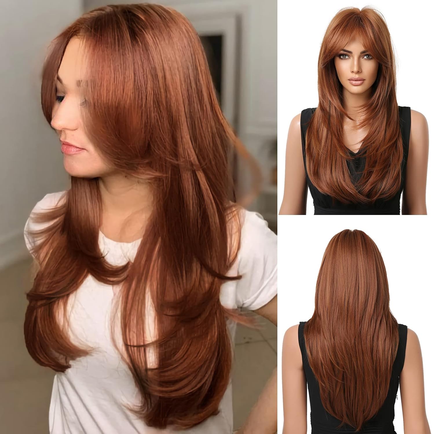 OUFEI Long Straight Copper Brown Layered Natural Wigs for Women Natural ...