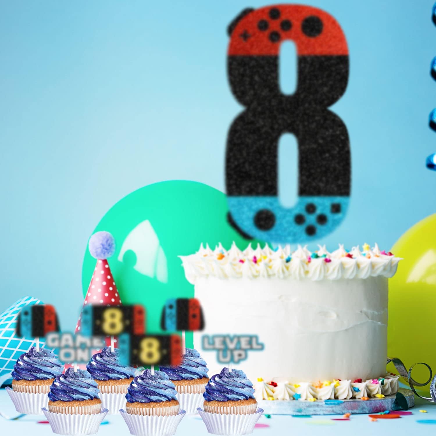 Amazon.com: 7 Pieces Game Unlock Cake Toppers Teen Level UP 8th Happy ...