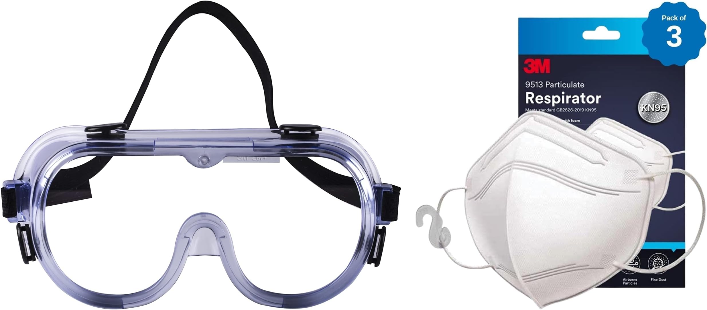 3M 9513 Respirator KN95 (Face Mask, 3 Units, White) Safety Goggles ...