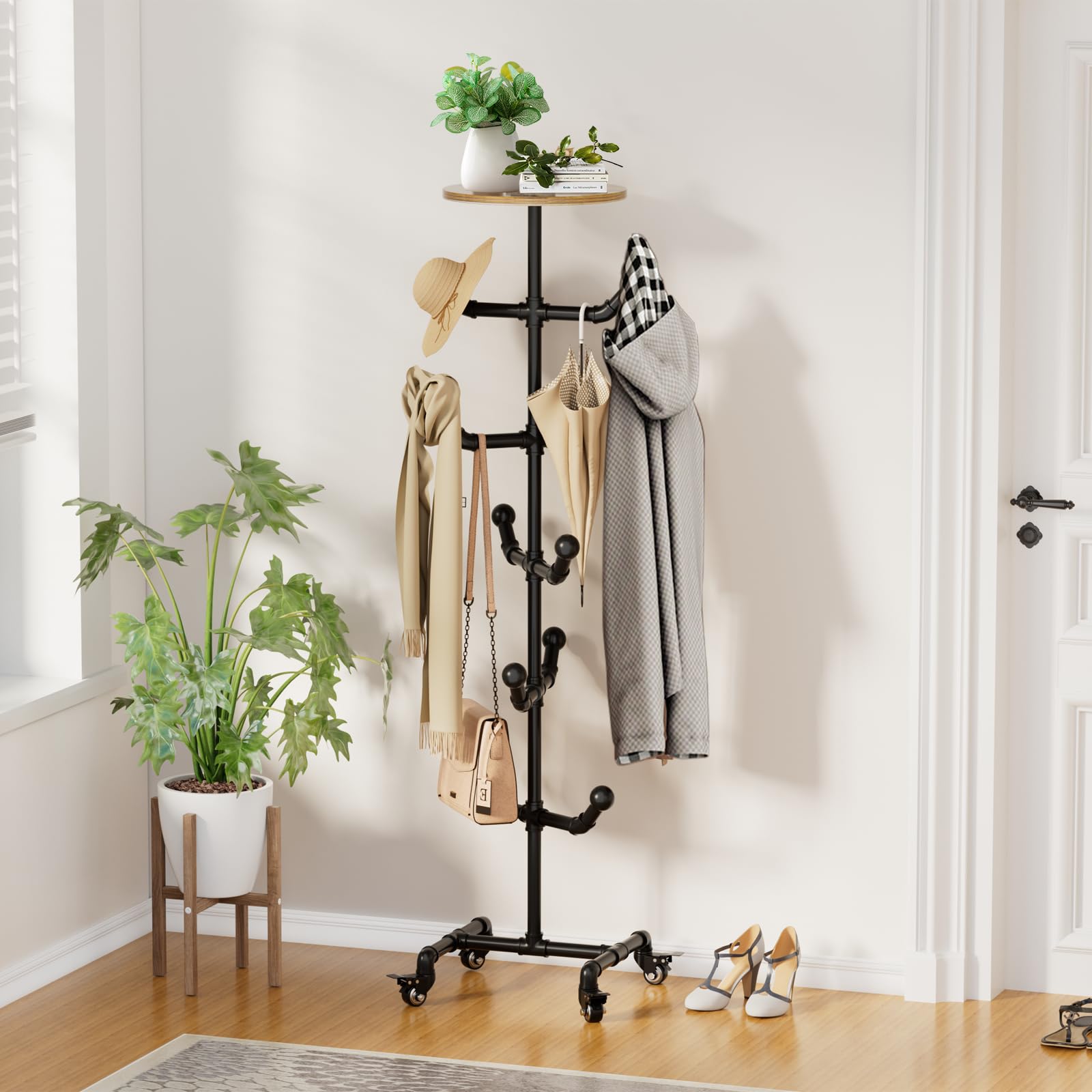 ybaymy Hat Stands Display Coat and Hat Stand on Wheels 10 Hooks Metal ...