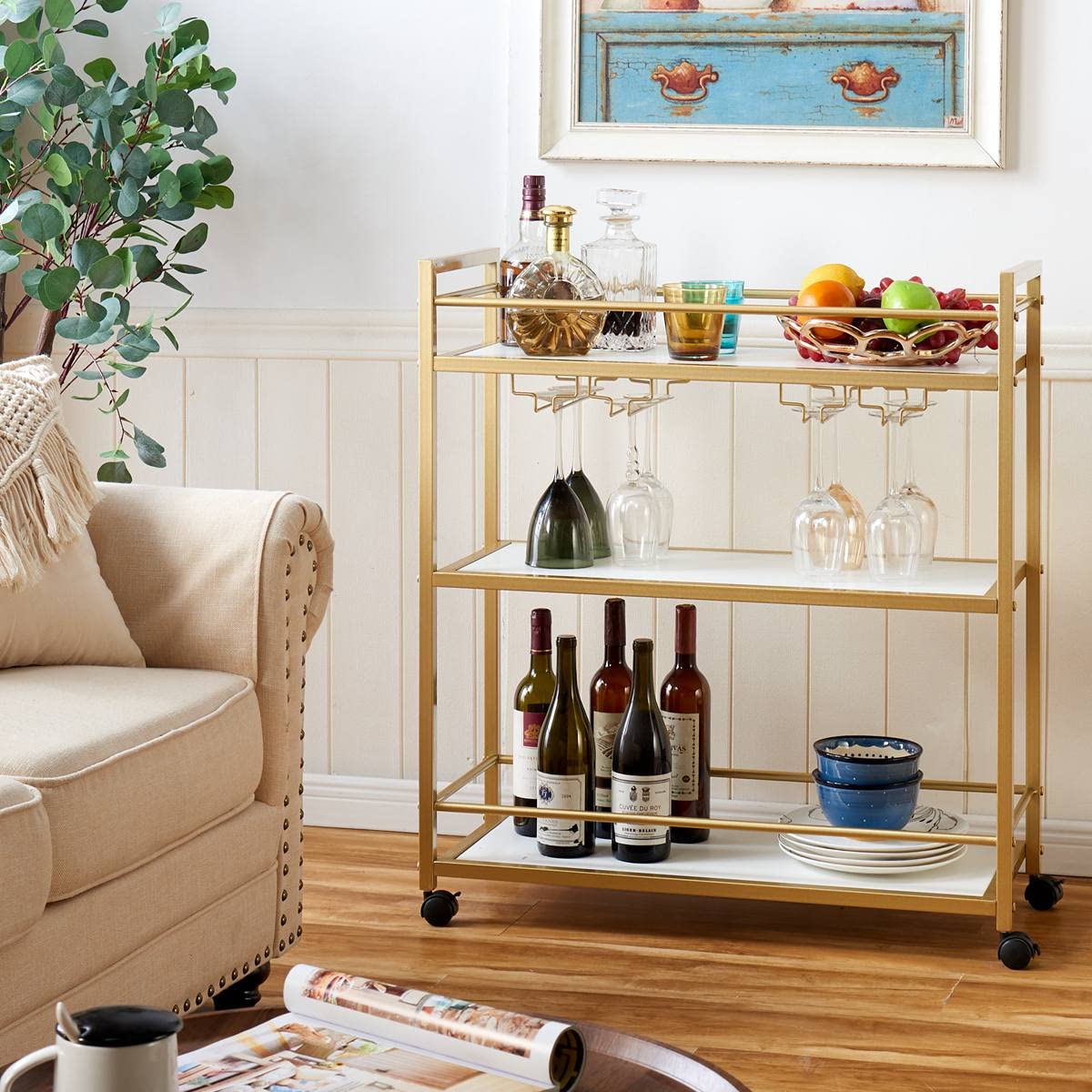 GOLASON Gold Bar Cart with 3 Shelves, Wine Glass Bottle Storage Bar ...