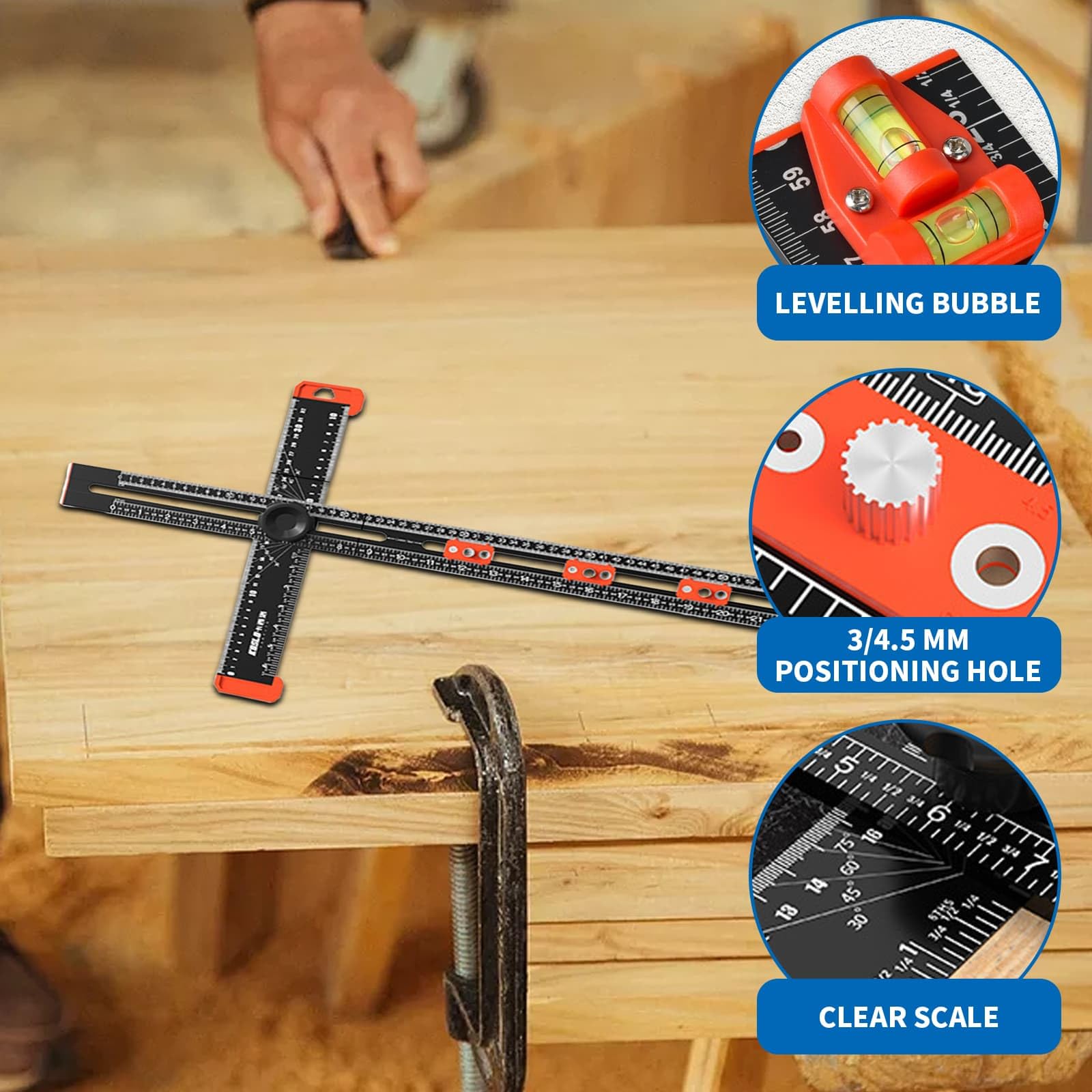 4-in-1 Drilling Positioning Ruler with 3 Sliders, Adjustable T Square ...