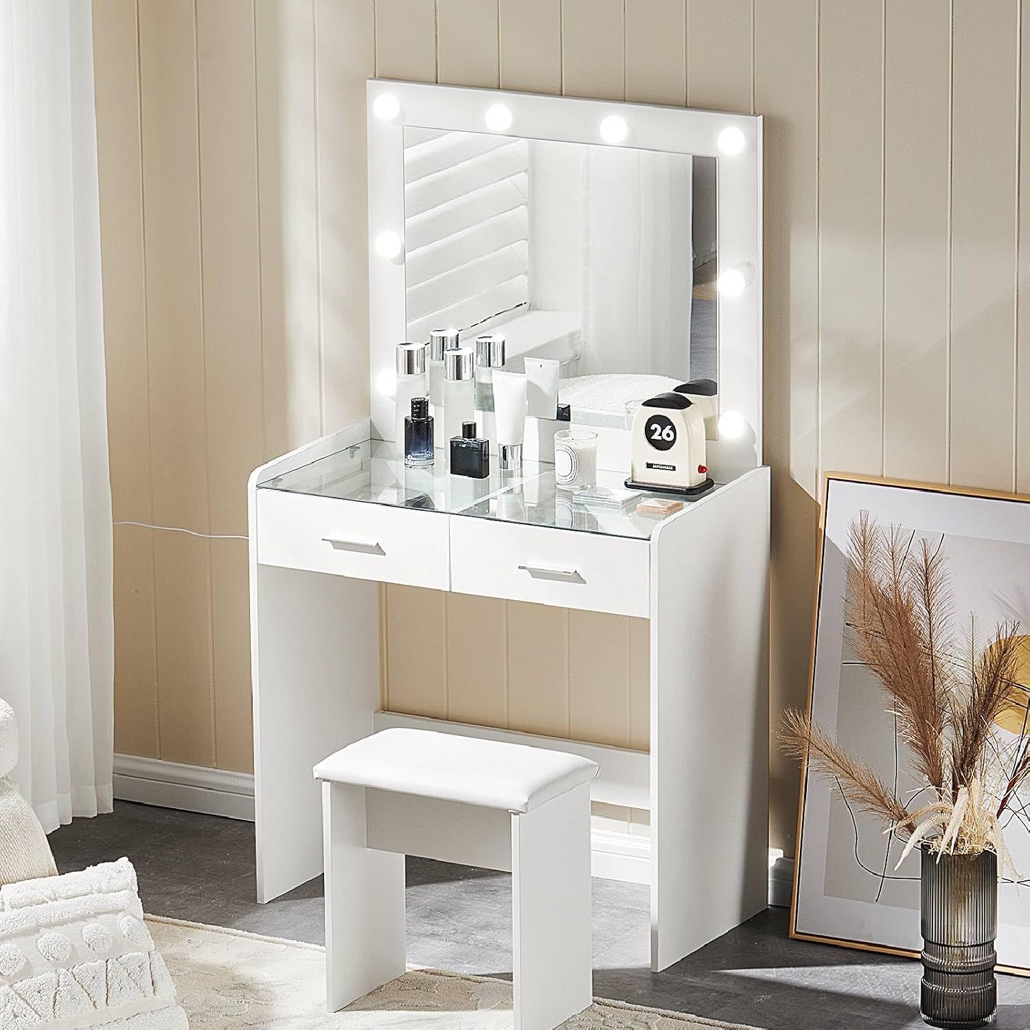 LEMROE White Dressing Table with Hollywood Mirror 2 Drawers and Stool ...