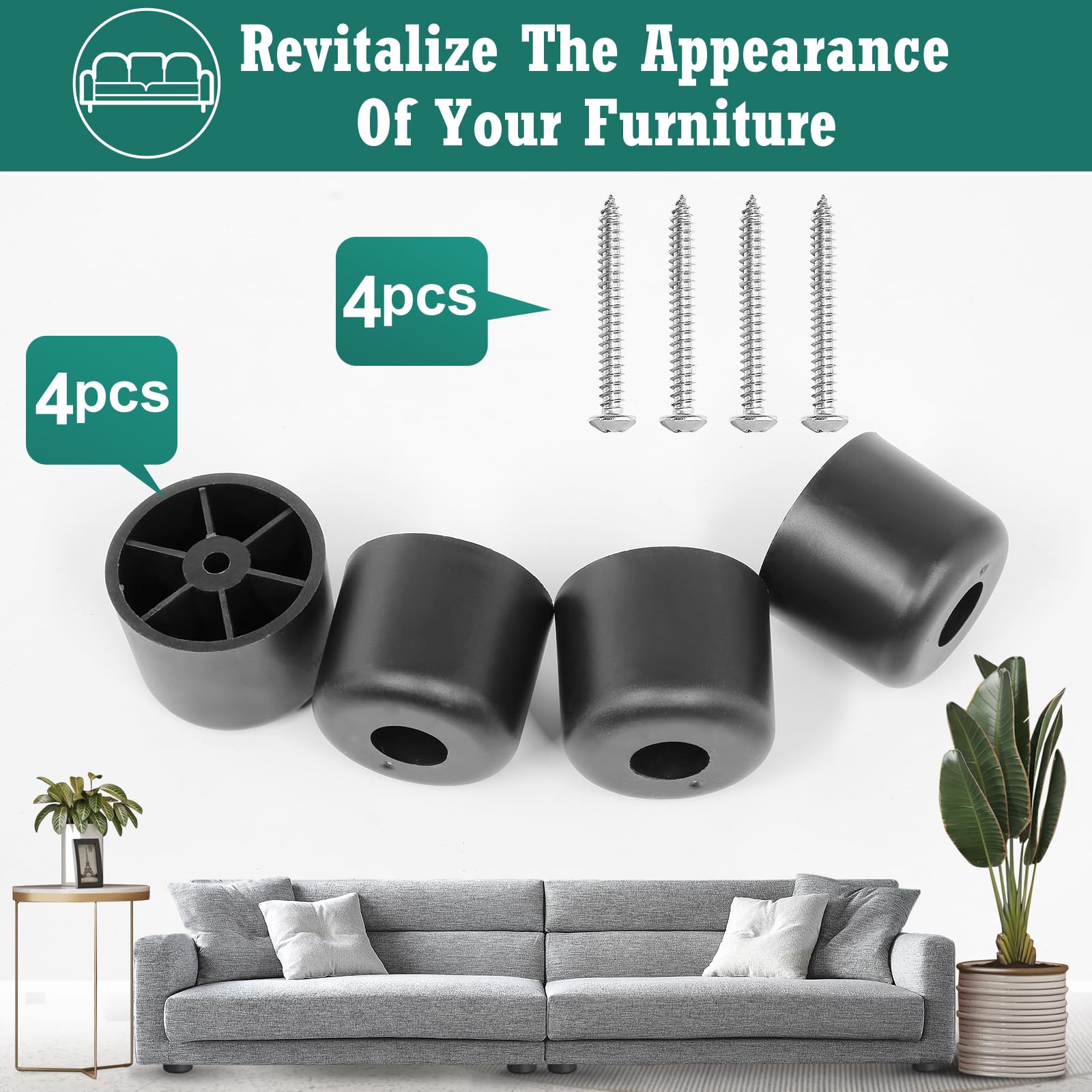 Snapklik.com : 1-1/2 Inch Black Plastic Furniture Legs, Screw-in Couch ...