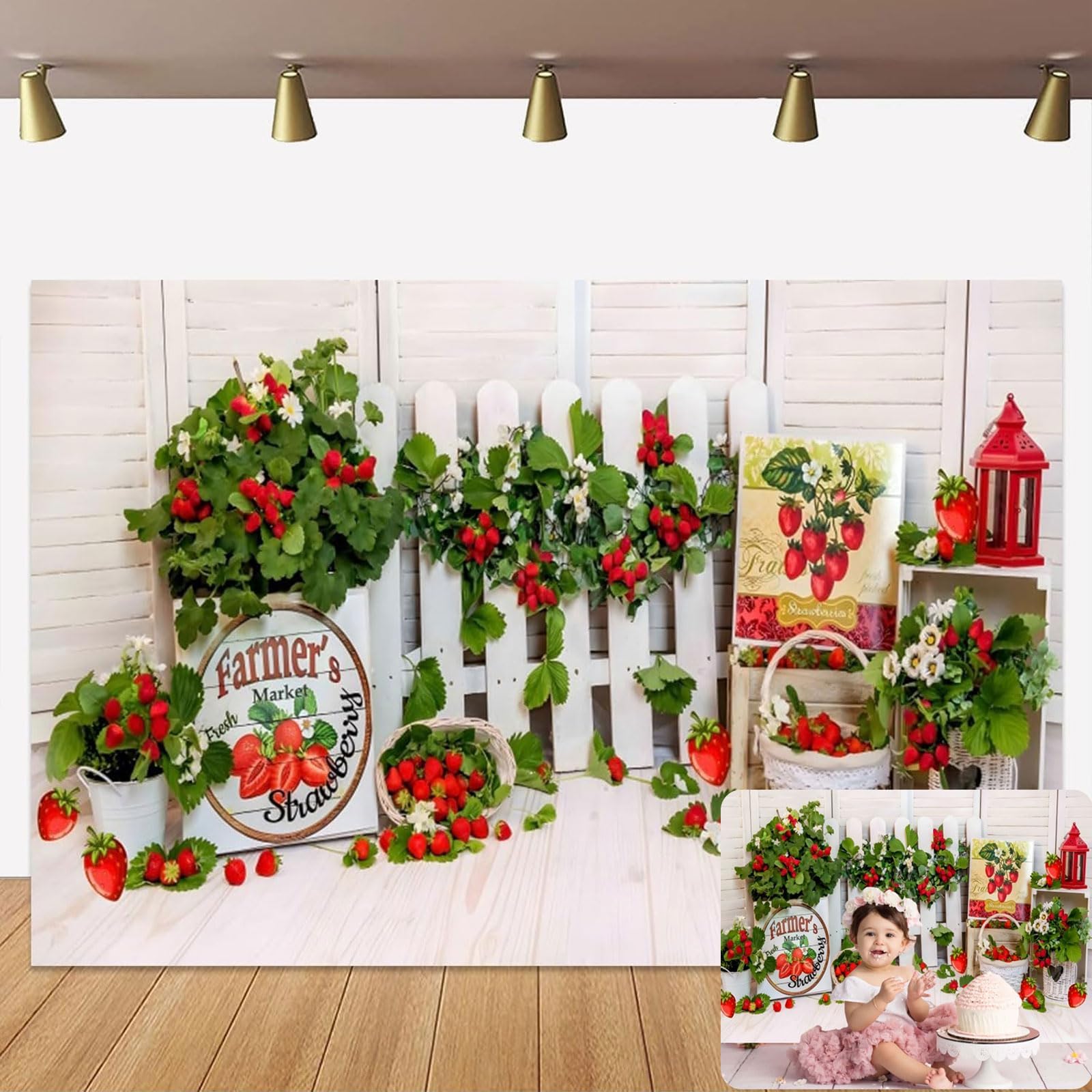 Amazon.com : Yeele 5x3ft Strawberry Birthday Backdrop White Fence ...
