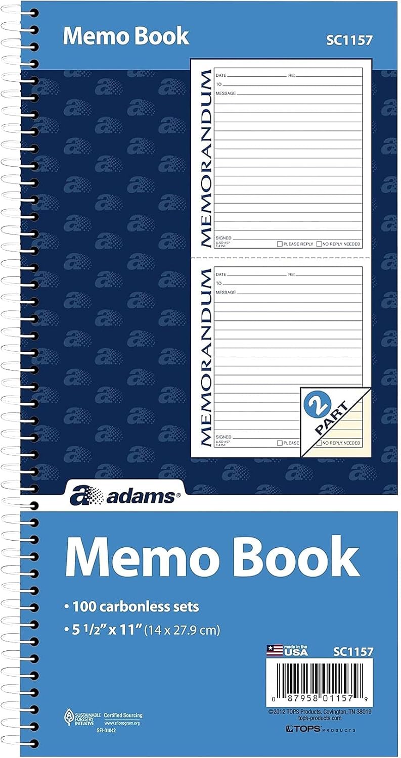 Adams Spiral Memo Book, 5.5 x 11 Inch, 2-Part, Carbonless, 2 Memos per ...