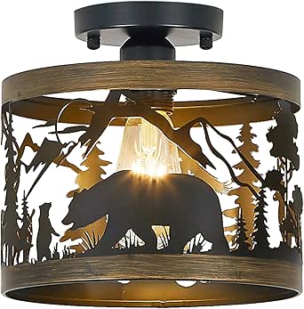 MLGB Rustic Deer & Bear Semi-Flush Mount Ceiling Light, Farmhouse Lodge ...