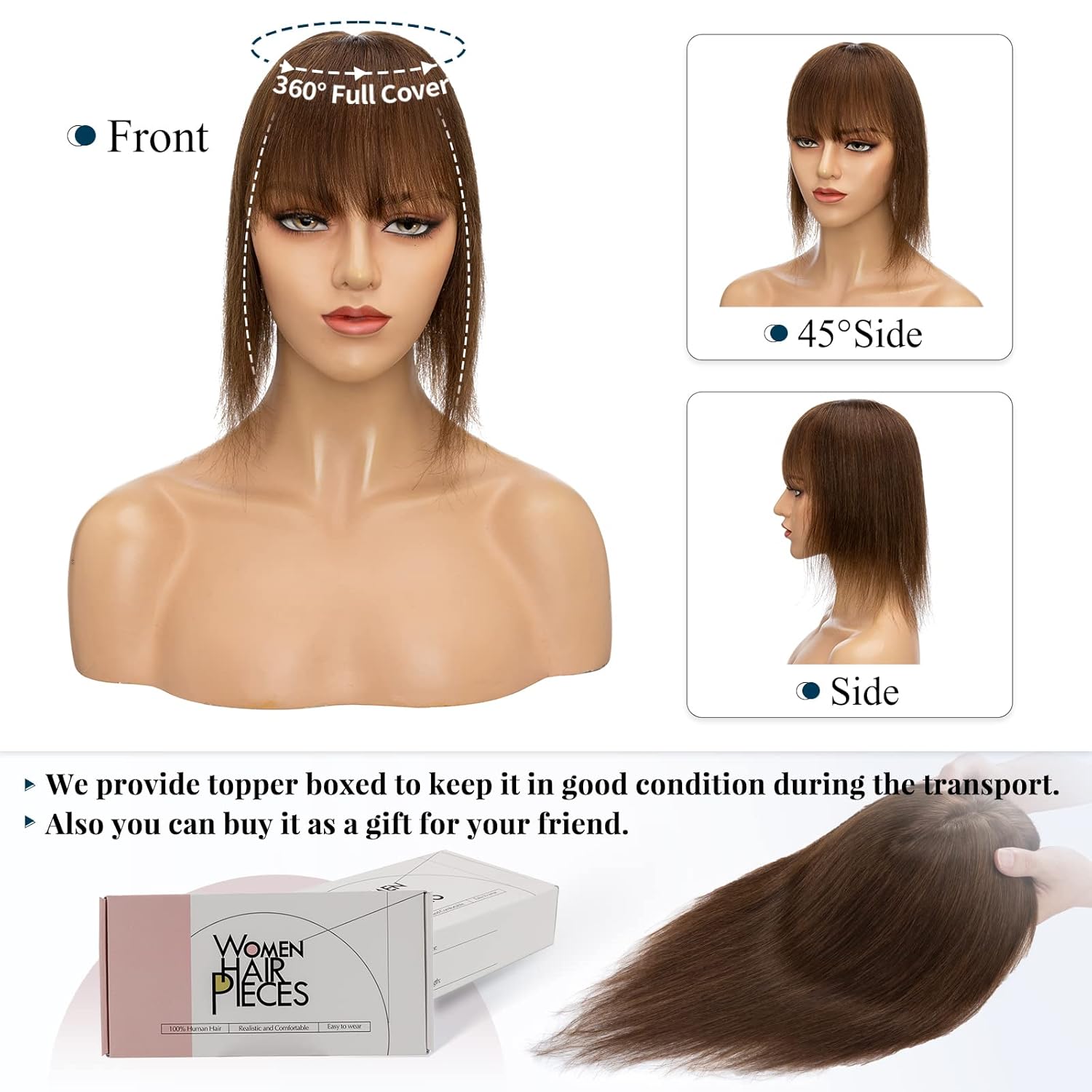 Benehair Peluca secreta de cabello con clip y flequillo, 100% cabello ...