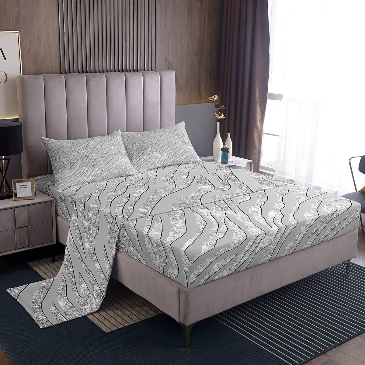 Amazon.com: Leopard Print Fitted Sheet Grey Silver Zebra Print Bed ...