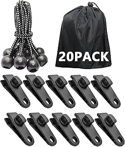 LUYADIN 20 Pack - 10 Pcs Tarp Clips & 10 Pcs Ball Bungee Cords, Heavy ...