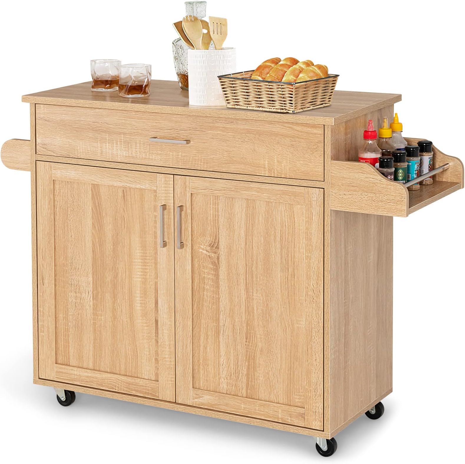 Relaxdays Kitchen Trolley Wood Bamboo 4 Wheels Marble Worktop with ...