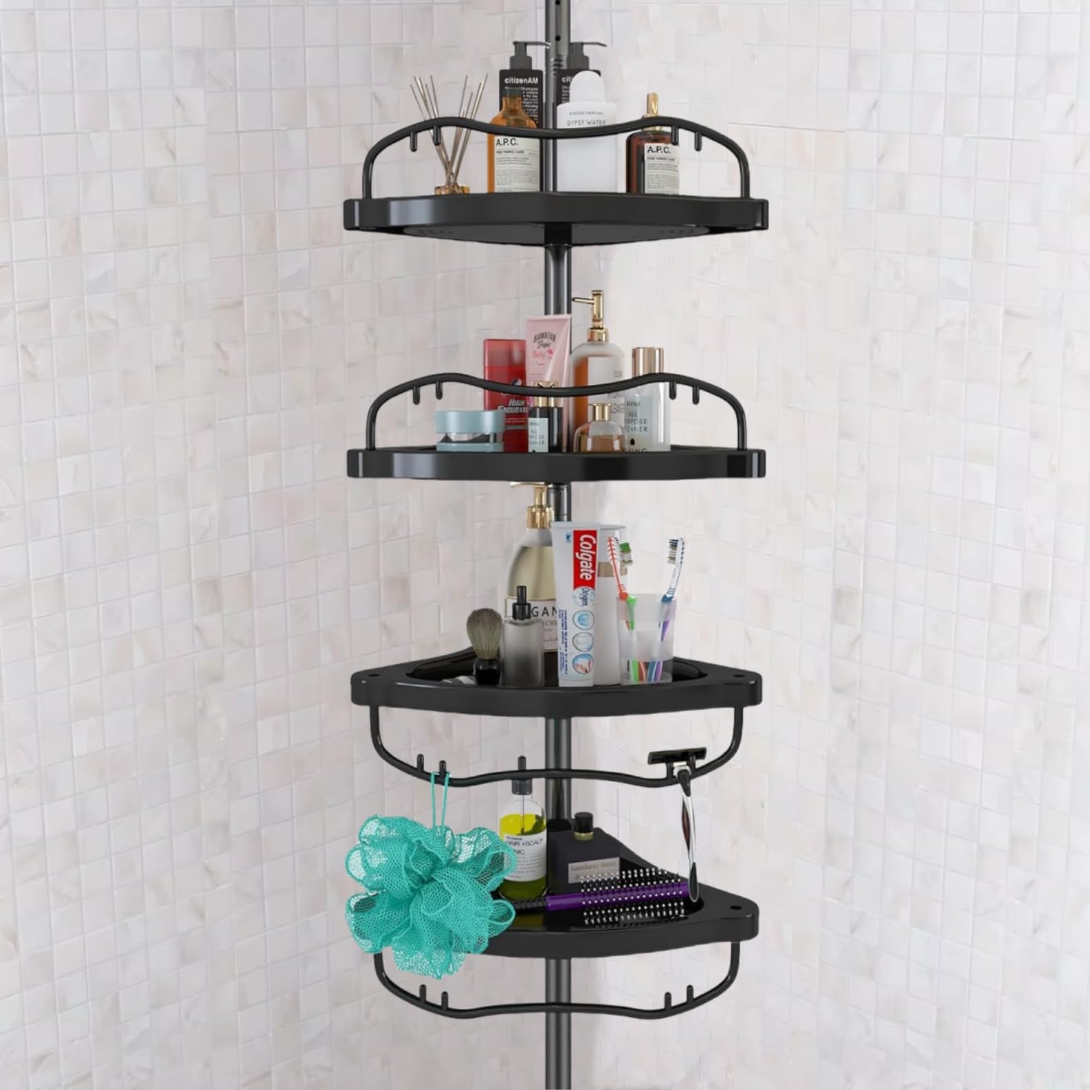 Amazon.com: Sempicad Shower Caddy,Shower Caddy Tension Pole with 4 ABS ...